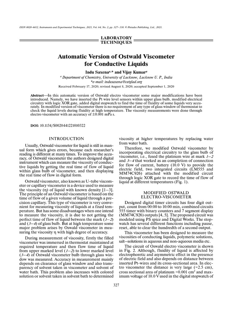 Automatic Versionof Ostwald Viscometer | PDF | Viscosity | Liquids