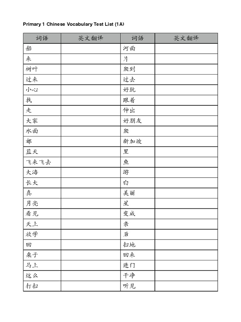 P1B Chinese Vocabulary Test List | PDF