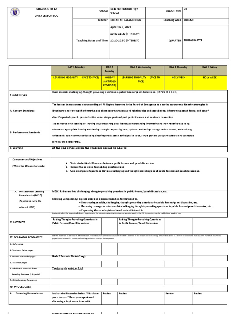 DLL Week 8 Q3 NMS | PDF | Learning | Question
