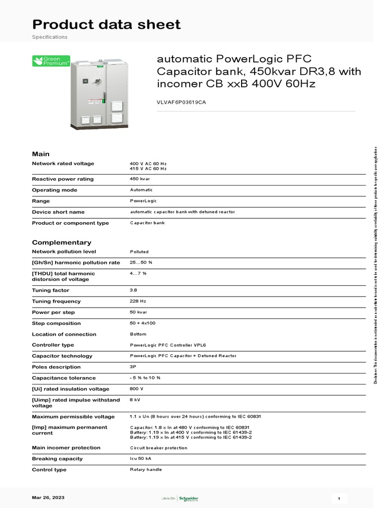Product Data Sheet: Automatic Powerlogic PFC Capacitor Bank, 450kvar Dr3,8 With Incomer CB XXB ...