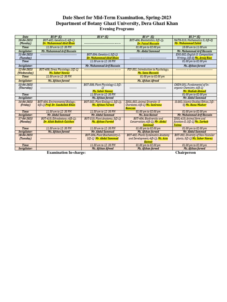 Mid Exam Date Sheet Spring 2023 PDF | PDF