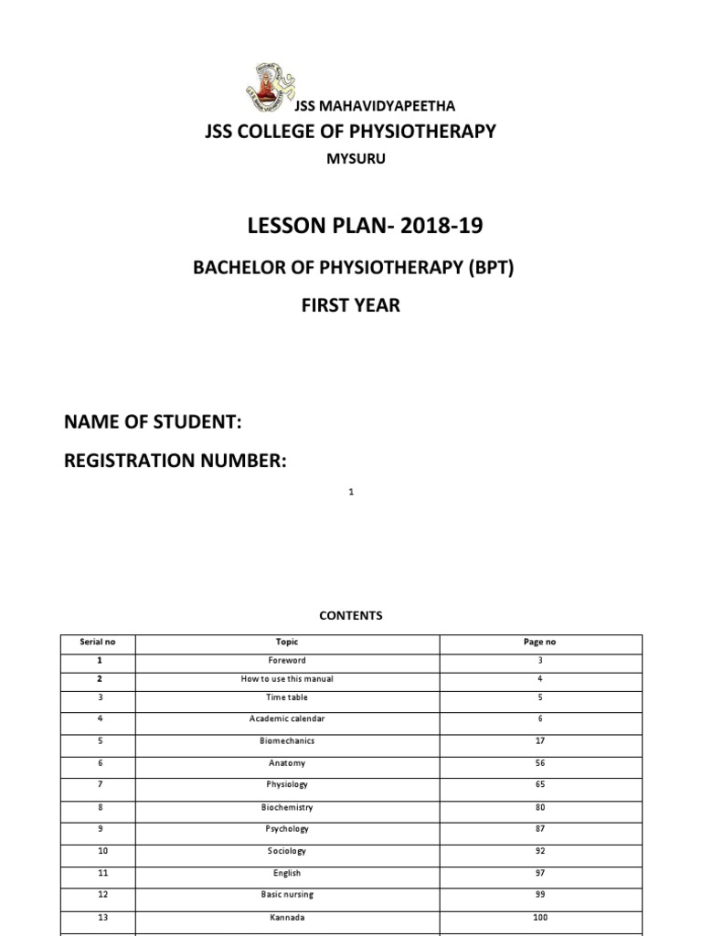 LESSON PLAN-2018-19: Jss College of Physiotherapy | Download Free PDF ...