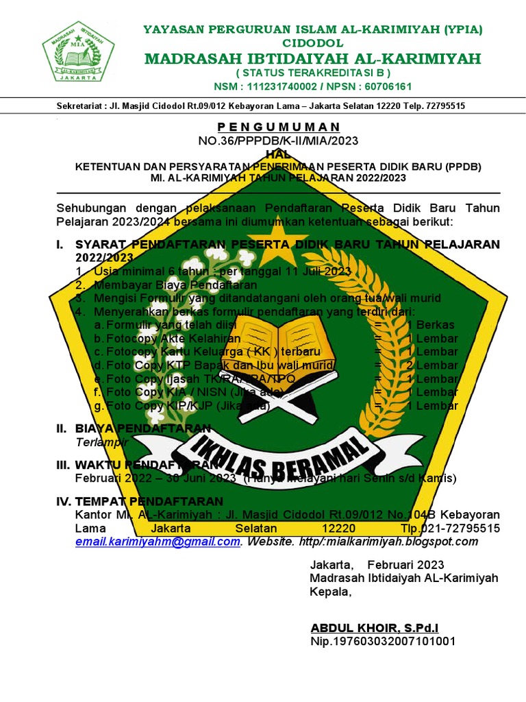 PPDB MI Al-Karimiyah 2023/2024 | PDF