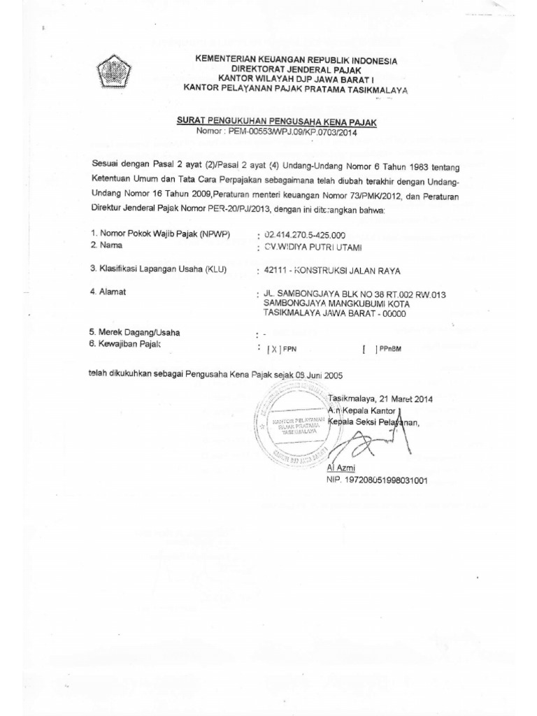 Surat Pengukuhan Pengusaha Kena Pajak | PDF