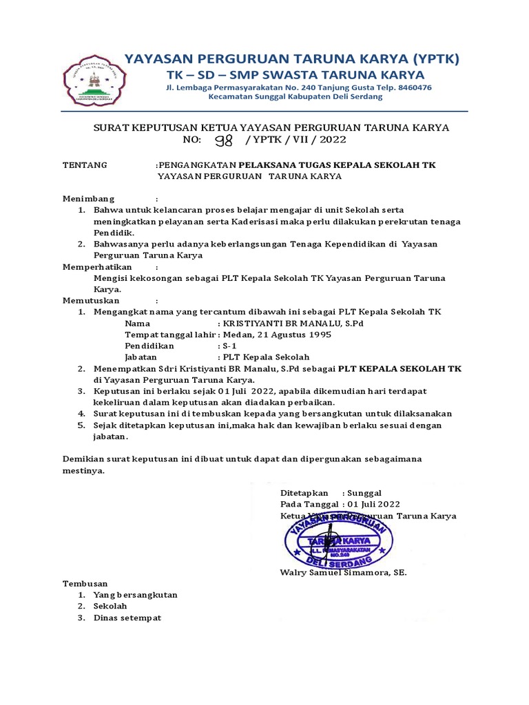 SK Pengangkatan PLT Kepala Sekolah TK | PDF | Karier & Perkembangan