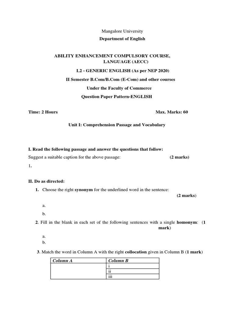 Model Question Paper | PDF | Sentence (Linguistics) | Syntax