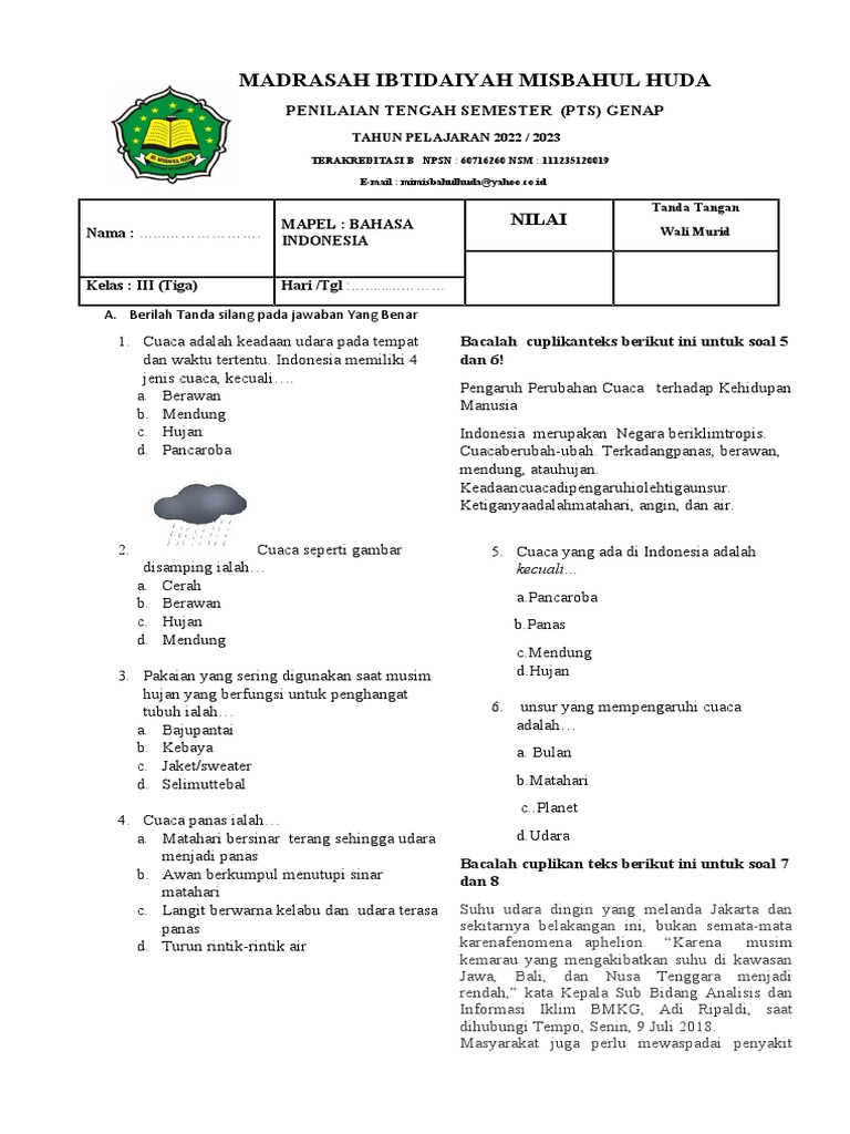Soal PTS B Indonesia KLS 3 2023 | PDF