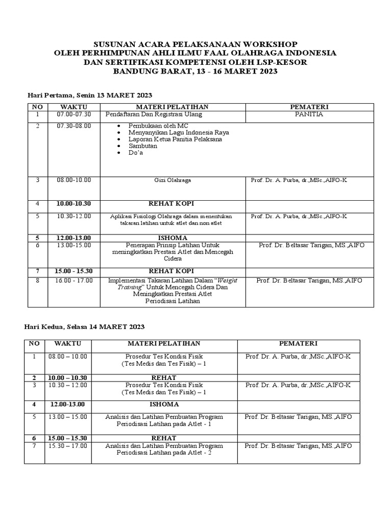 Jadwal Workshop Dan Uji Kompetensi Aifo 2023 | PDF