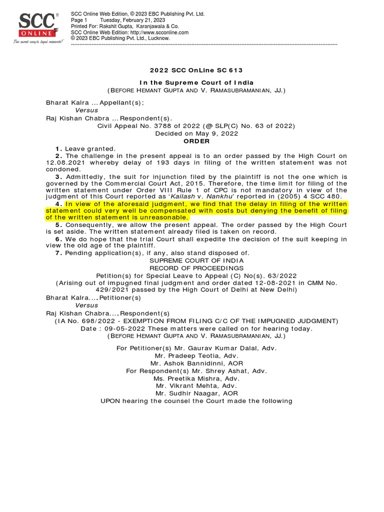 Bharat Kalra Vs Raj Kishan Chabra | PDF | Lawsuit | Judgment (Law)