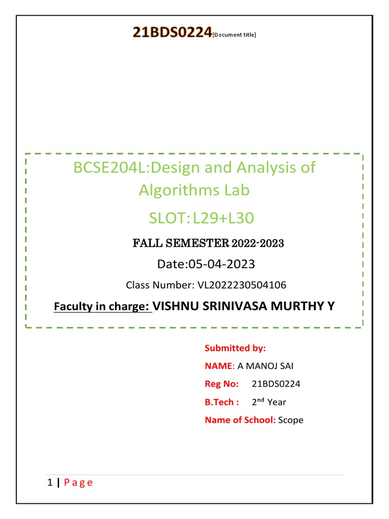 BCSE204L:Design and Analysis of Algorithms Lab Slot: L29+L30 | PDF | Vertex (Graph Theory ...