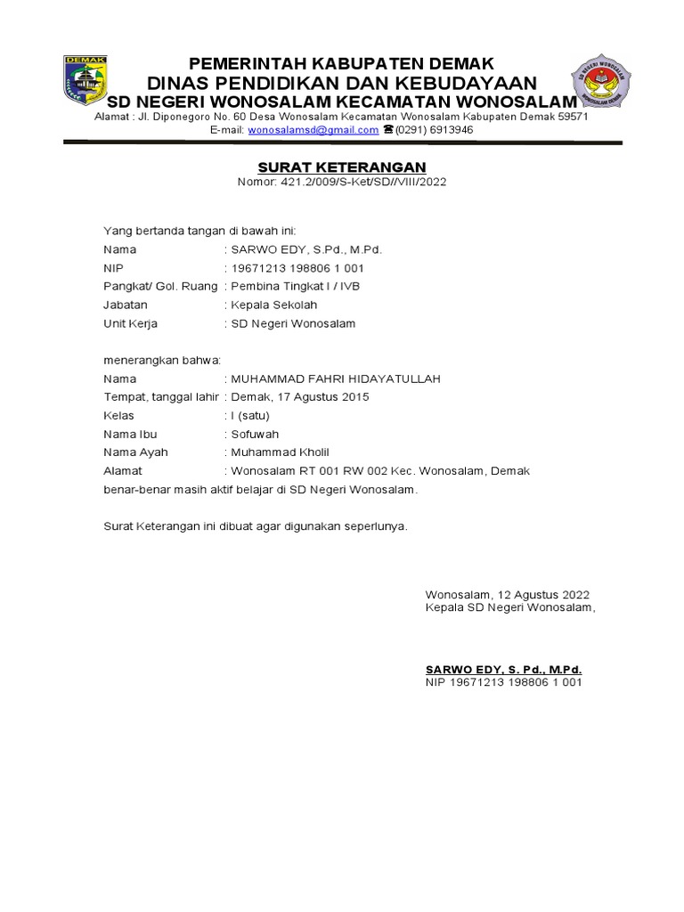 Contoh SURAT KETERANGAN Siswa | PDF