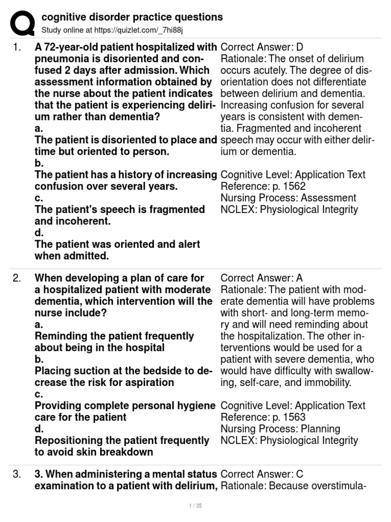 Cognitive Disorder Quiz | PDF | Dementia | National Council Licensure ...