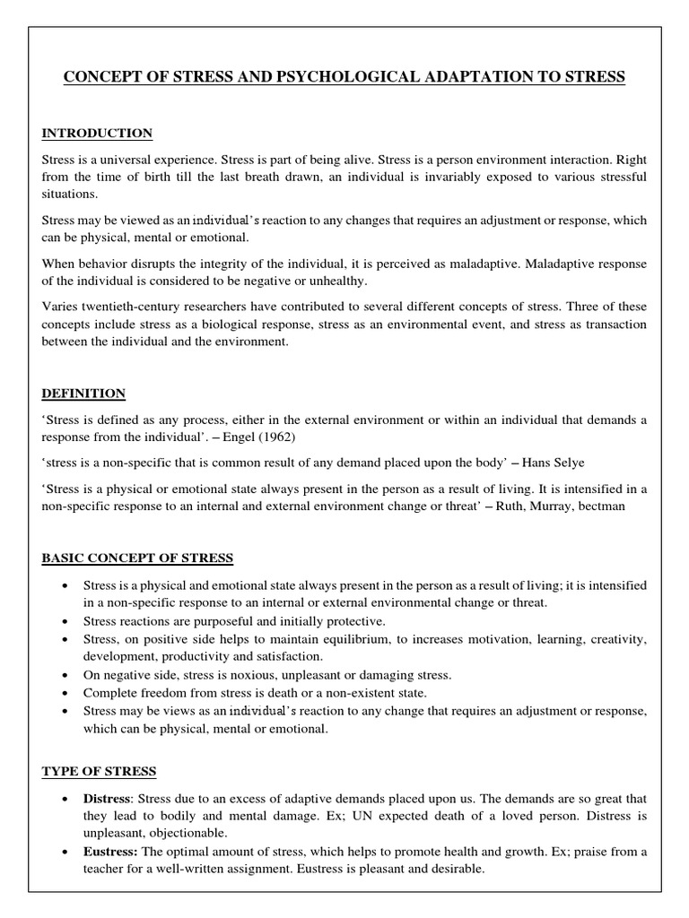 Concept of Stress and Psychological Adaptation To Stress | PDF | Stress ...