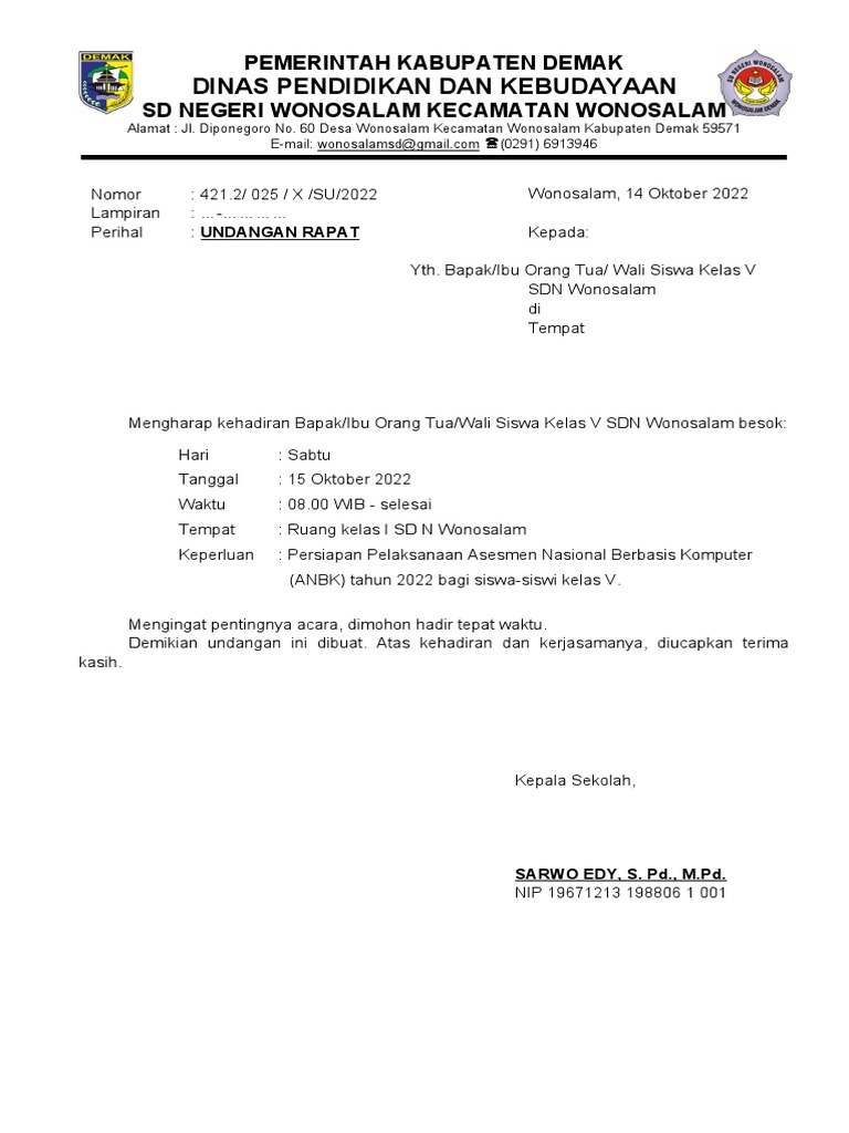 Contoh Surat UNDANGAN RAPAT PERSIAPAN ANBK | PDF