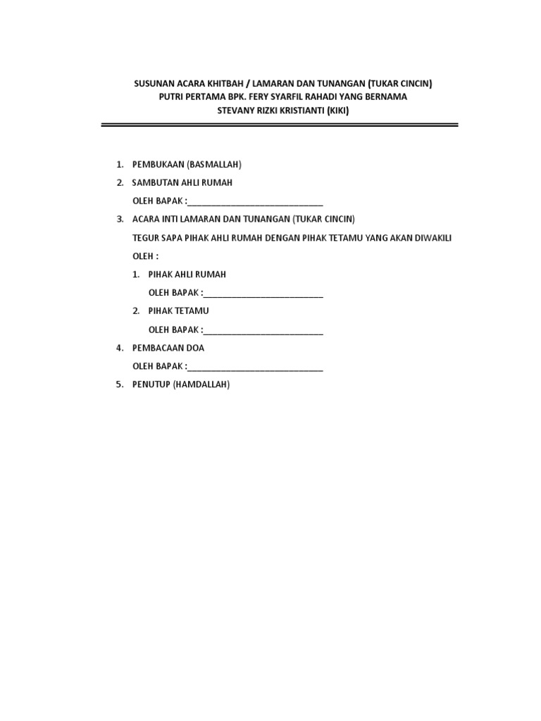 Susunan Acara Khitbah / Lamaran Dan Tunangan (Tukar Cincin) Putri ...