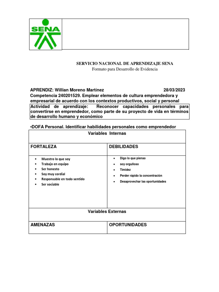 Matriz Dofa Personal | PDF | Análisis FODA | Iniciativa empresarial