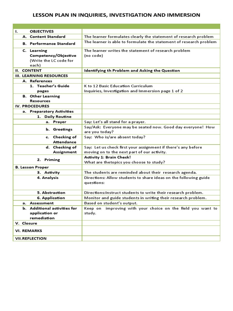 Lesson Plan in Inquiries, Investigation and Immersion | PDF | Career ...