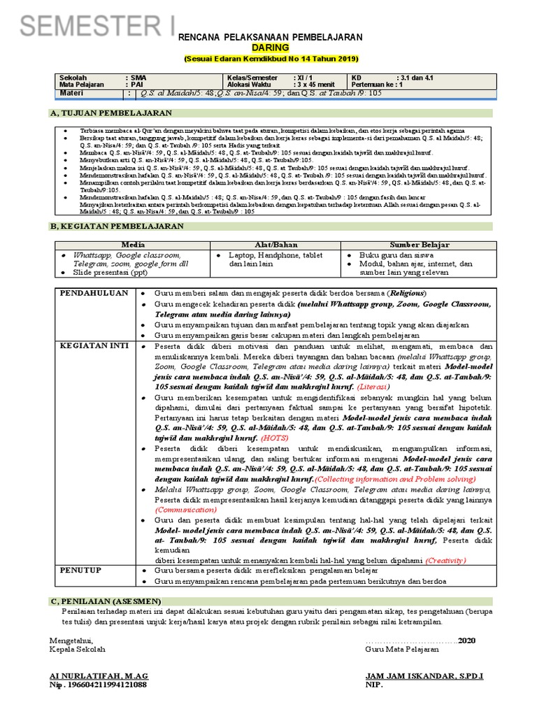 rpp-daring-pai-kelas-xi-semester-1-dan-2-covid | PDF