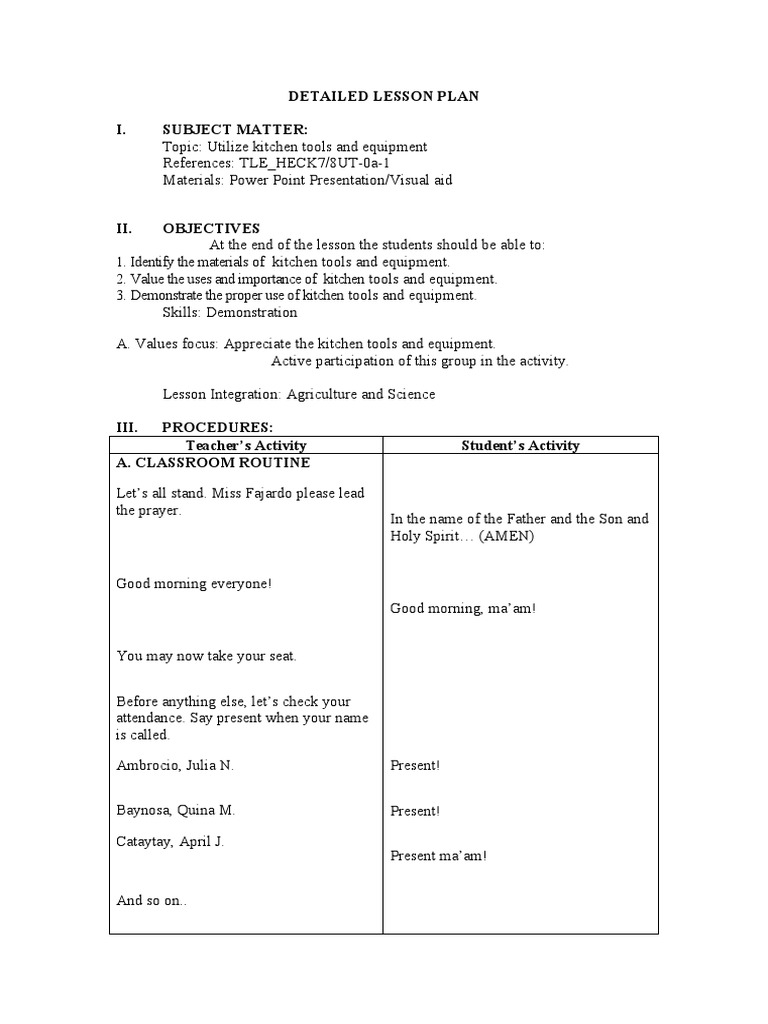 Lesson Plan: Kitchen Tools & Equipment | PDF | Egg As Food | Kitchen ...