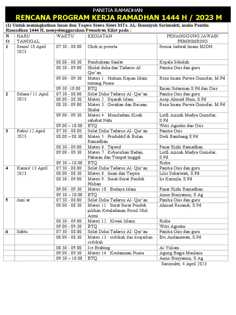 Contoh Rencana Program Kerja Pesanten Kilat Ramadhan | PDF