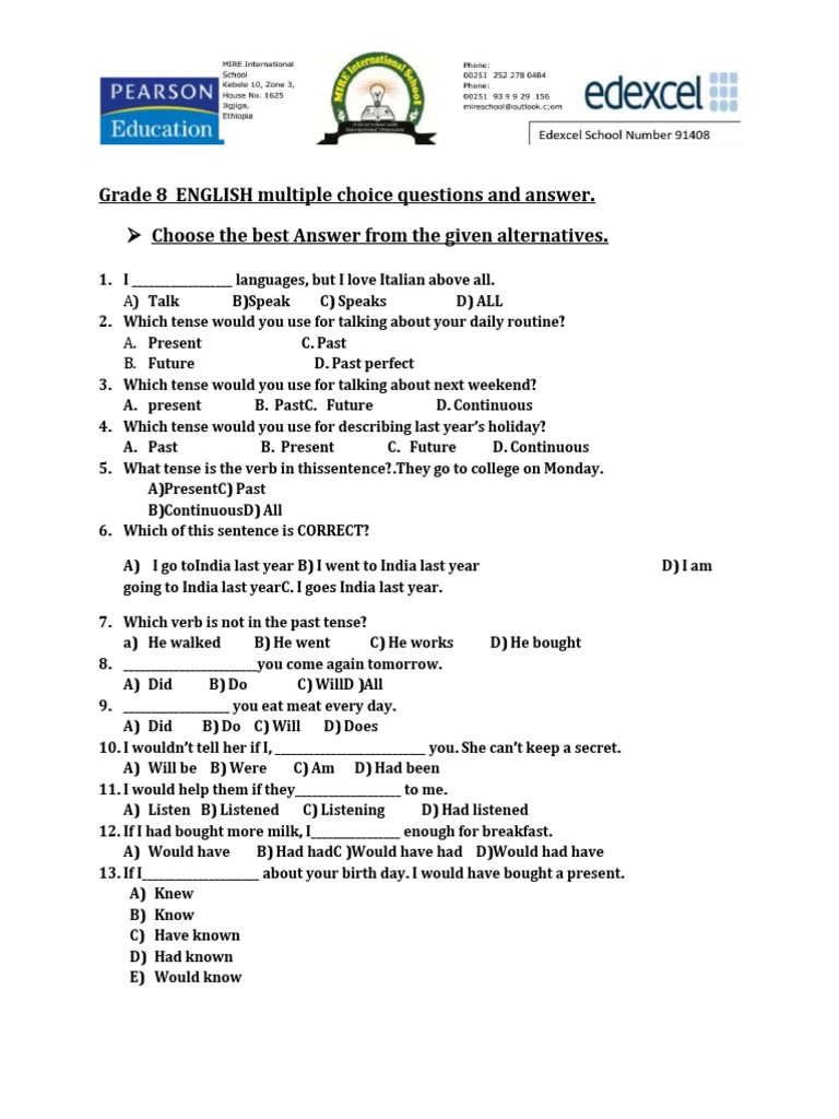 Grade 8 English multiple choice quiz | PDF | Grammatical Tense ...