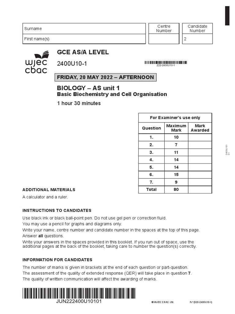Gce As/A Level: Friday, 20 May 2022 - Afternoon Basic Biochemistry and ...