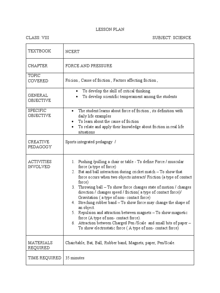 lesson plan - force and pressure | PDF | Force | Friction
