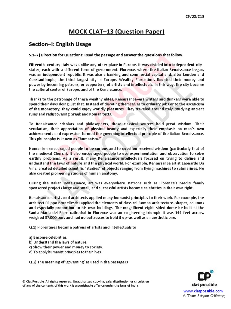 MOCK CLAT-13 (Question Paper) : Section-I: English Usage | PDF ...