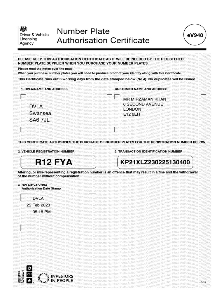 Number Plate Authorisation Certificate: R12 Fya | Download Free PDF ...