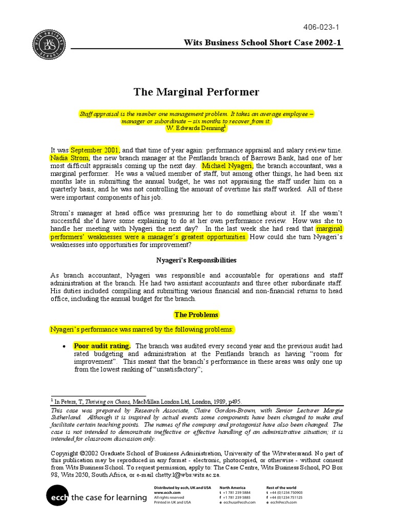 The Marginal Performer: Wits Business School Short Case 2002-1 | PDF ...