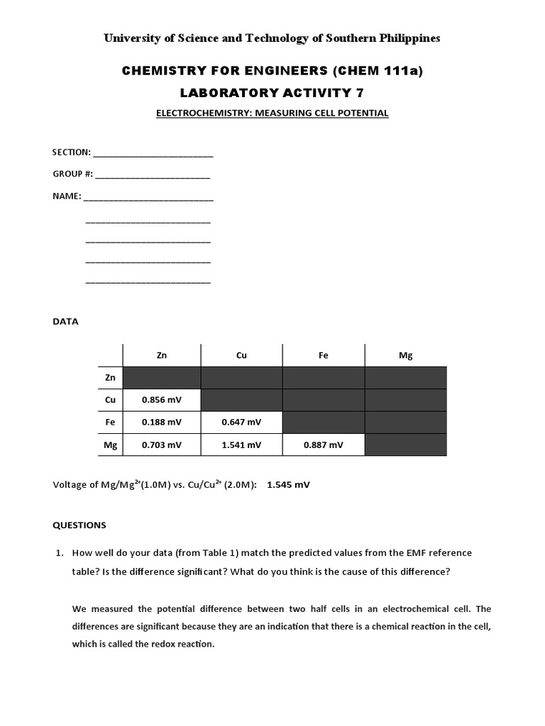 Chemistry For Engineers (Chem 111A) Laboratory Activity 7: University of Science and Technology ...