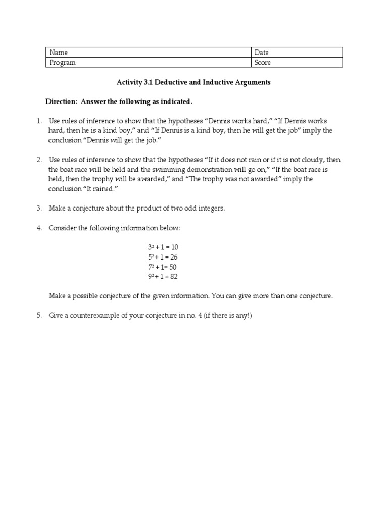 Activity 3.1 Deductive and Inductive Arguments Direction: Answer The ...