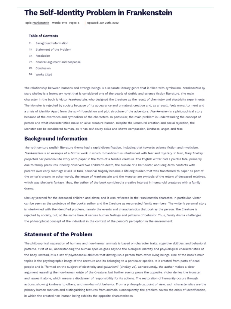 The Self-Identity Problem in Frankenstein - Free Essay Example | PDF ...