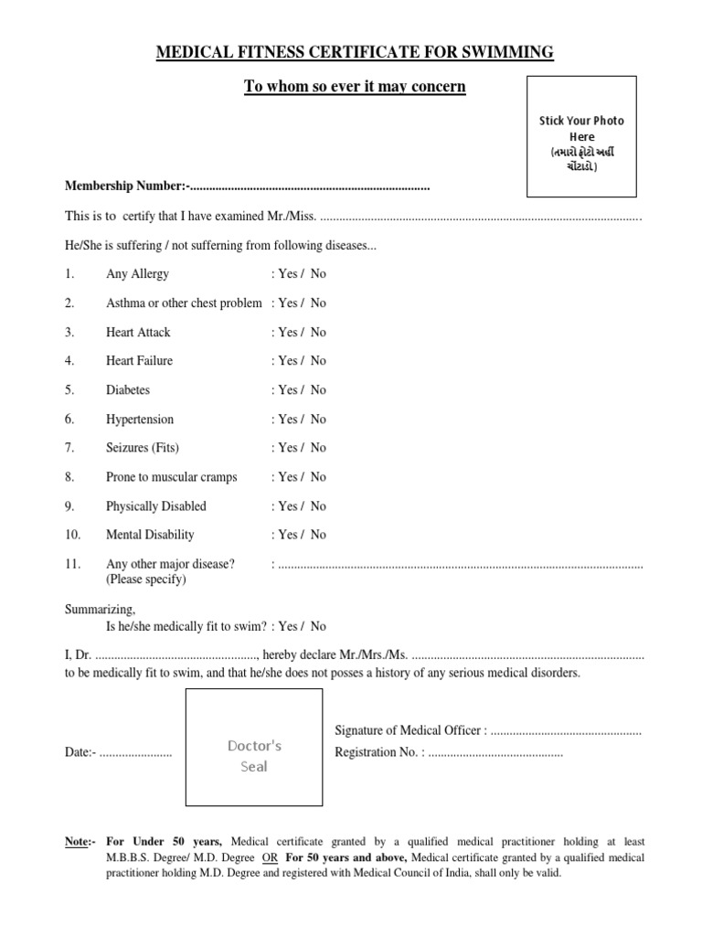 MEDICAL FITNESS CERTIFICATE FOR SWIMMING | PDF | Physician | Doctor Of ...