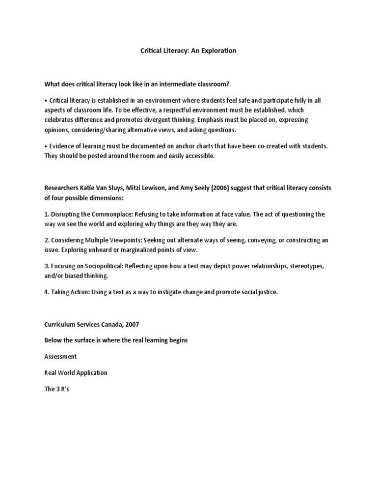 Final Critical Literacy | PDF | Teachers | Literacy