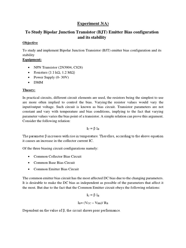 Experiment 3 (A) To Study Bipolar Junction Transistor (BJT) Emitter ...