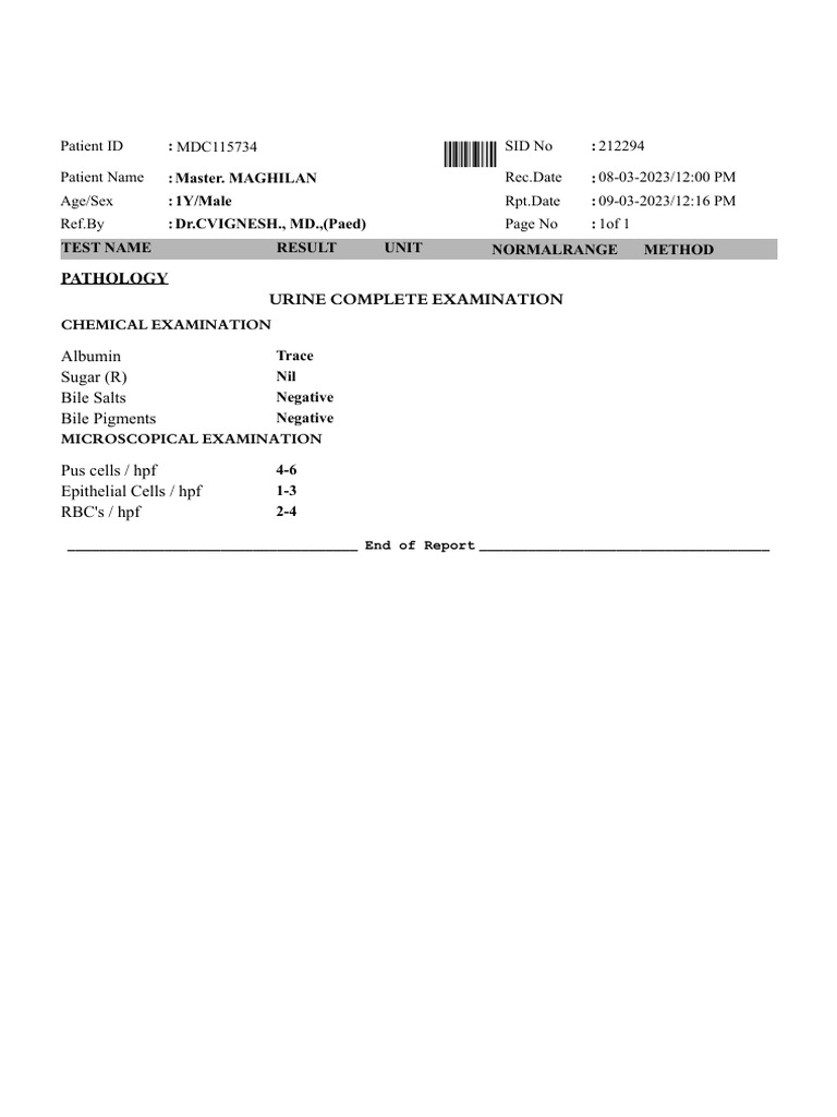 Pathology Urine Complete Examination: Albumin Sugar (R) Bile Salts Bile Pigments | PDF