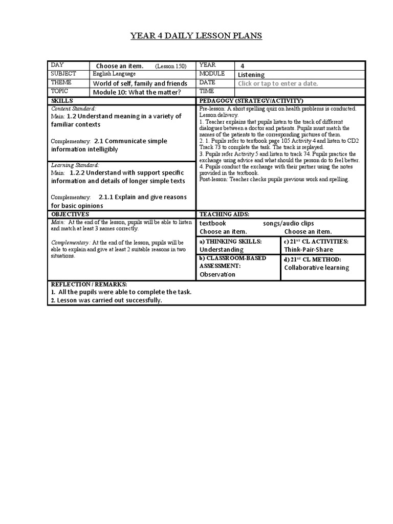 Year 4 Daily Lesson Plans: Skills Pedagogy (Strategy/Activity) | PDF ...