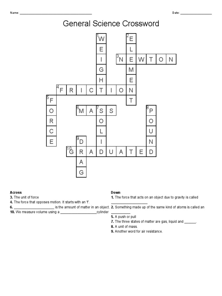 General Science Crossword Answers | PDF | Force | Matter