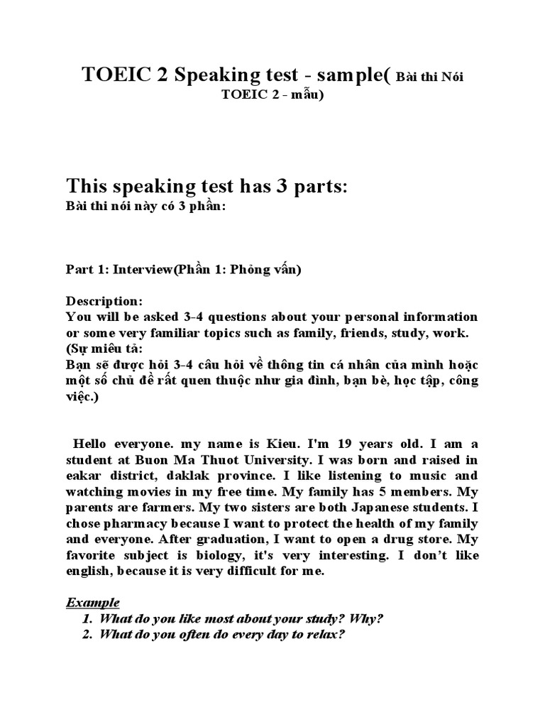 TOEIC 2 Speaking Test - Sample | PDF