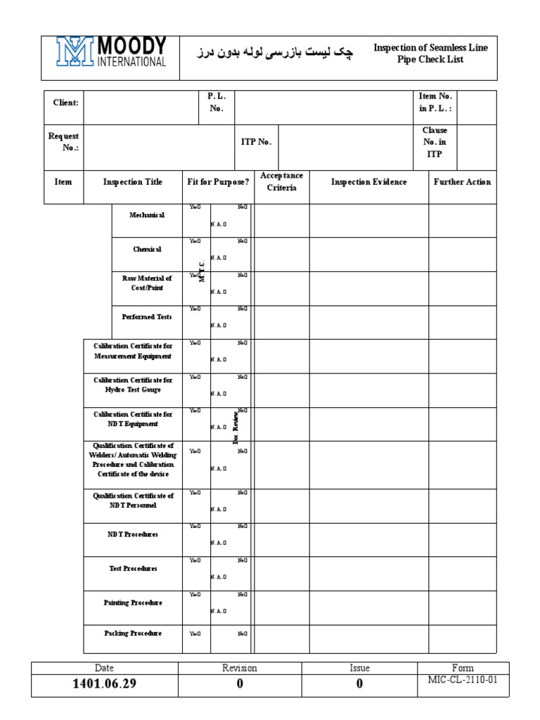 Inspection of Seamless Line Pipe-Check List | PDF