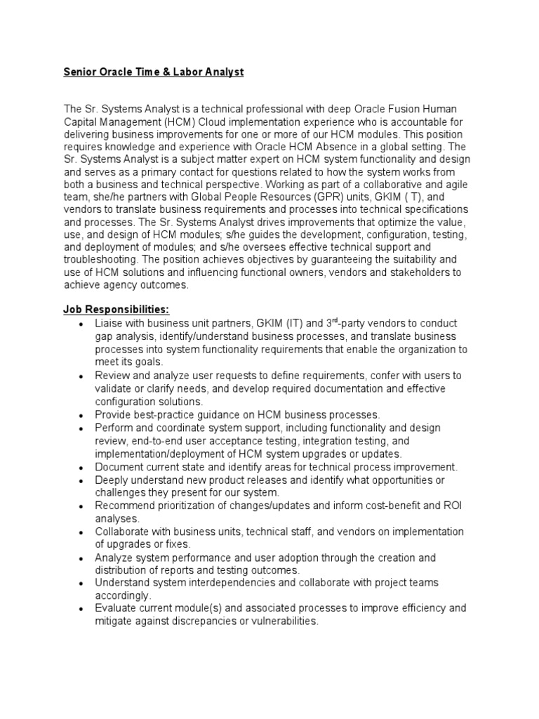 Senior Oracle Time And Labor Analyst Catholic Relief Services Pdf Business Process Cloud