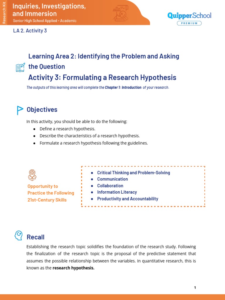 FINAL RK - III 11 - 12 - LA 2 - LEARNING ACTIVITY 3 - Formulating A Research Hypothesis ...
