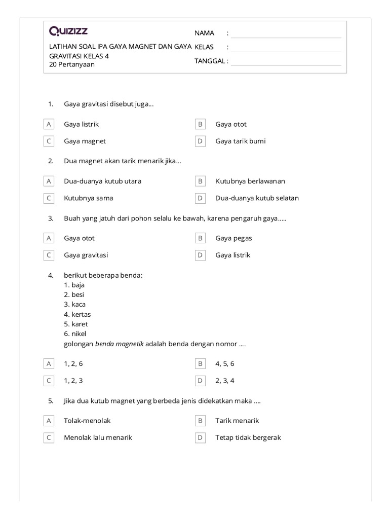 Latihan Soal Ipa Gaya Magnet Dan Gaya Gravitasi Kelas 4 | PDF