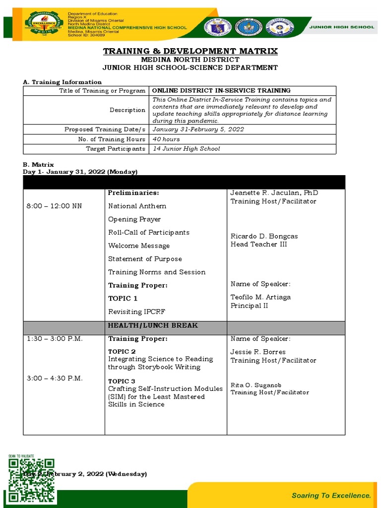 3 Day Science Training Matrix | PDF | Learning | Cognition