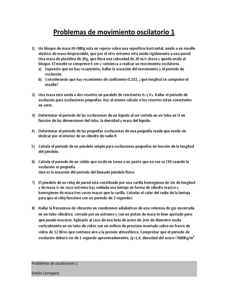 Problemas de Movimiento Oscilatorio 1 ENUNCIADOS | PDF