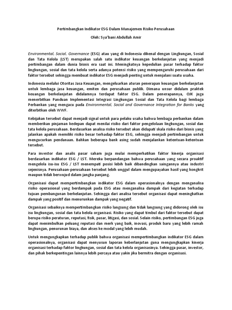 Pertimbangkan Indikator ESG Dalam Manajemen Risiko Perusahaan | PDF
