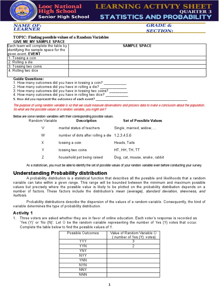 Week 2 - Finding Possible Values in Random Variable | PDF | Probability ... Week 2 - Finding Possible Values in Random Variable | PDF | Probability ...