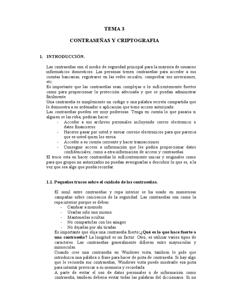 Tema 3 Contraseñas Y Criptografia: 1. Introducción | PDF | Clave (criptografía) | Contraseña