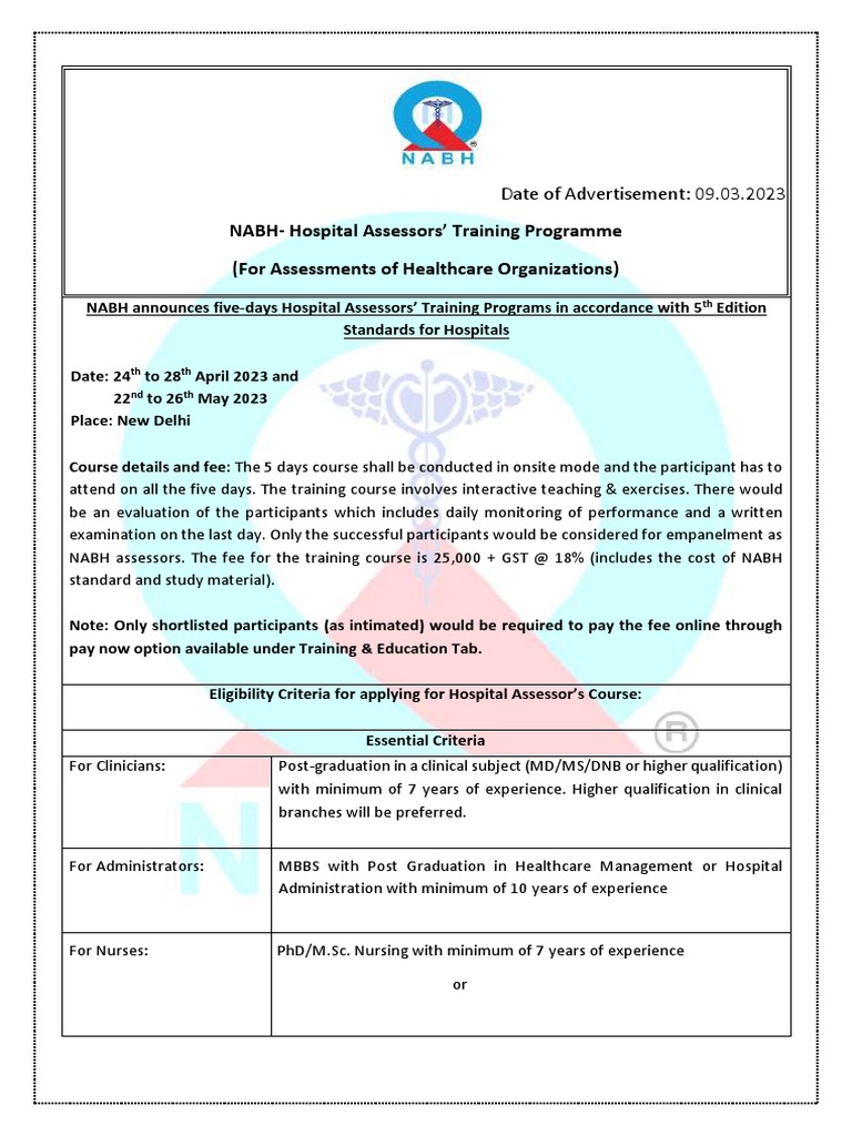 NABH-Hospital Assessors' Training Programme (For Assessments of ...